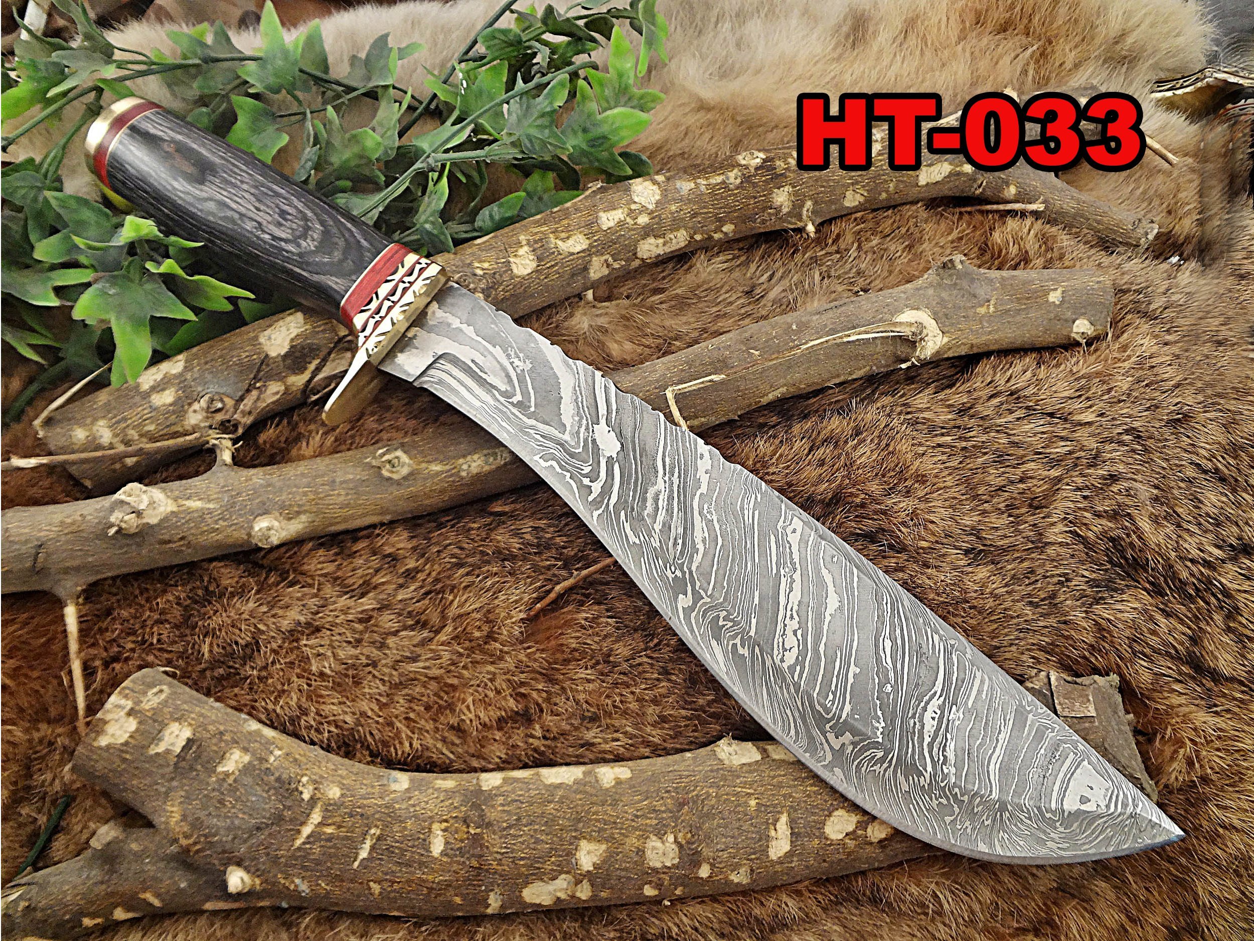 Damascus Steel Hunting Bowie Knife 14.5 Inches Custom Made Hand Forged with 10" Blade, 2 Tone Green Wood with Engraved Brass Scale, Thick Cow Hide Leather Sheath with Belt Loop (Black)