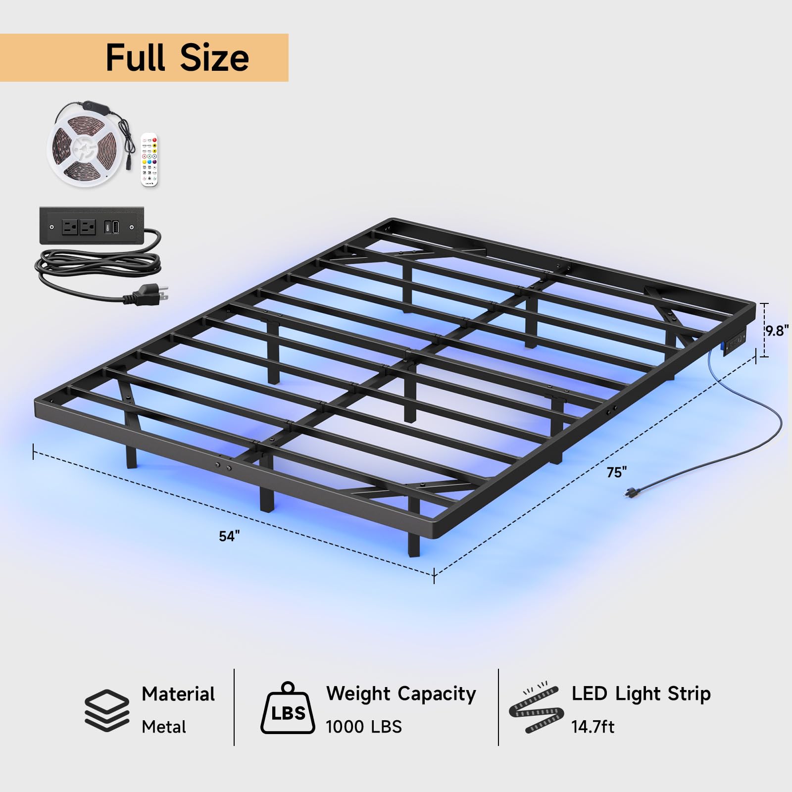 ONBRILL Full Size Floating Bed Frame with USB Charging Station and Smart LED Lights, Heavy Duty Metal Platform Bed with Underbed Storage Space, Easy to Assemble, Noise-Free, No Box Spring Needed
