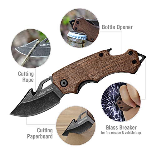 Mossy Oak Mini Folding Pocket Knife, Stainless Steel Drop Point Blade - EDC Multi-tool with Bottle Opener and Glass Breaker(Wood)
