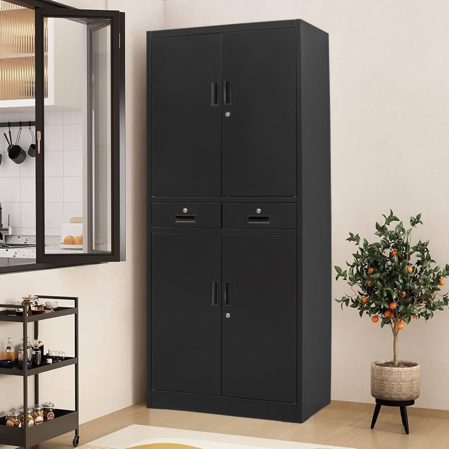 CJF Metal Storage Cabinet with Adjustable Shelves and Drawers, Locking Steel Storage Cabinet for Pantry, Office, Garage, Home, School, Utility (Black)