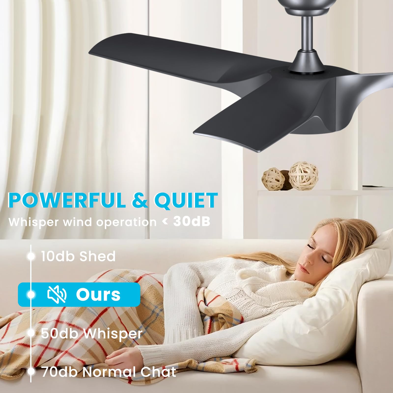 CJOY 56 inch Black Ceiling Fan, Dimmable Ceiling Fans with Lights, 3 Reversible ABS Fan Blades, Silent DC Motor, Modern Fans Lights with Remote, 6 Speeds, Timer, Indoor/Outdoor