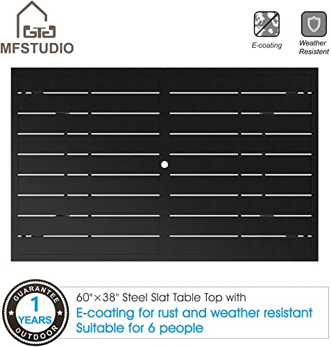 MFSTUDIO 7-Piece Metal Outdoor Patio Dining Furniture Set with 6 Swivel Armrest Chairs and Steel Frame Slat Larger Rectangular Table with 1.57 Umbrella Hole for Poolside, Porch, Backyard