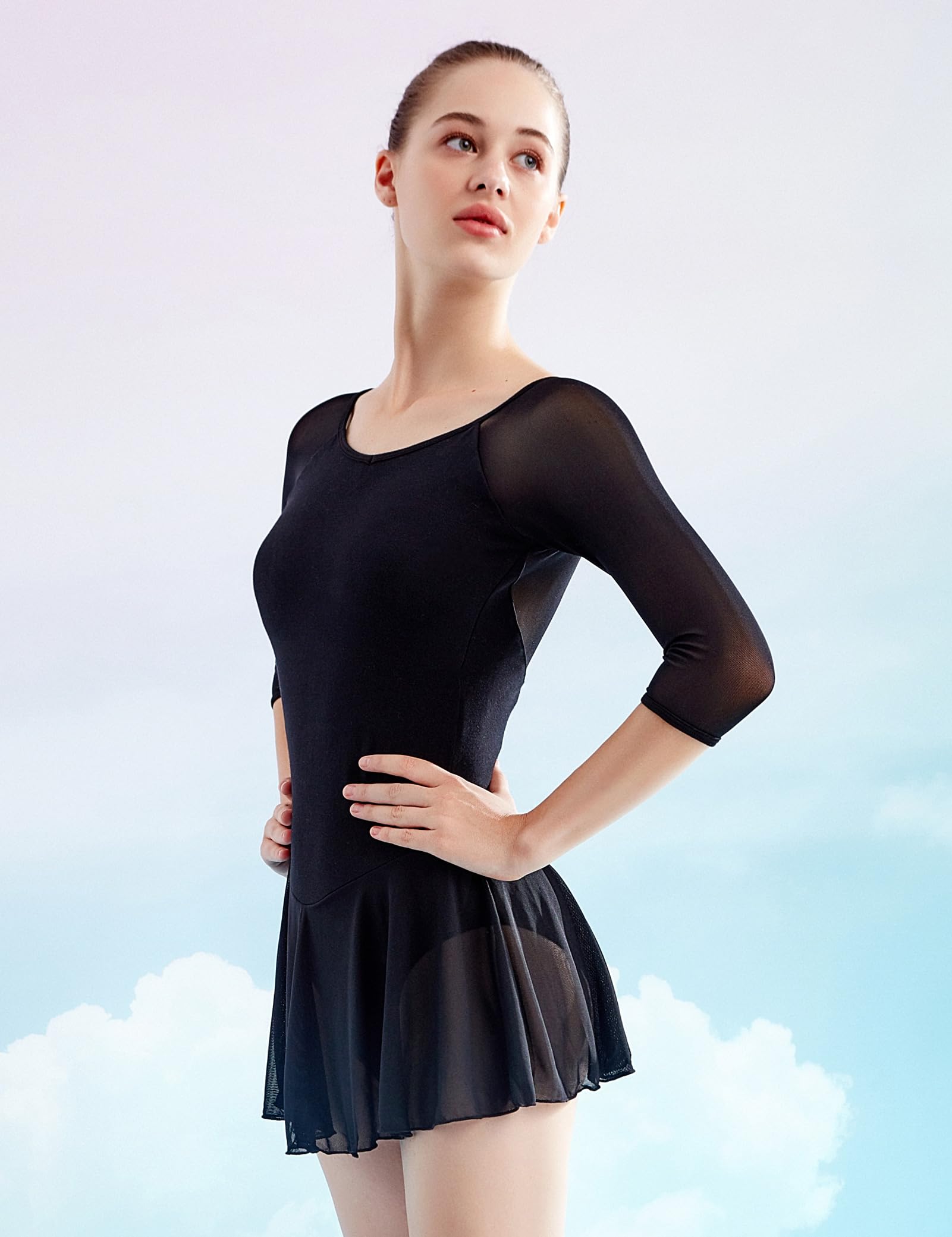 Daydance 3/4 Sleeve Black Women's Leotards for Ballet, Dance, Jazz, Aerial Yoga