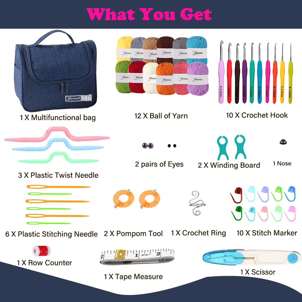 Yarniss Crochet Kits for Beginners, All in One Crochet Kits with 840 Yards Crochet Yarn, 10 Size Ergonomic Crochet Hooks 2.0mm~6.5mm