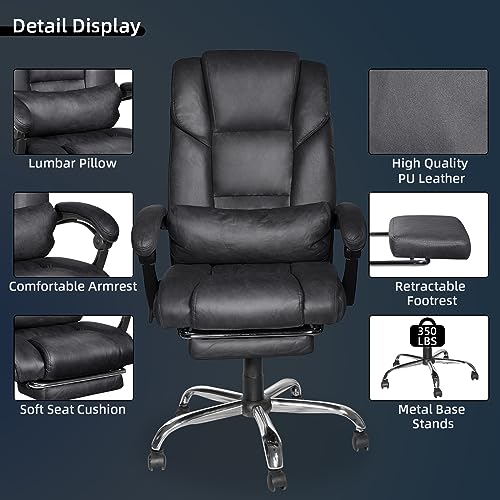 Mimager High Back Executive Office Chair, Reclining Office Chair with Footrest, PU Leather Home Office Desk Chair Adjustable Height, Computer Desk Chair with Lumbar Cushion, Padded Armrests, Black