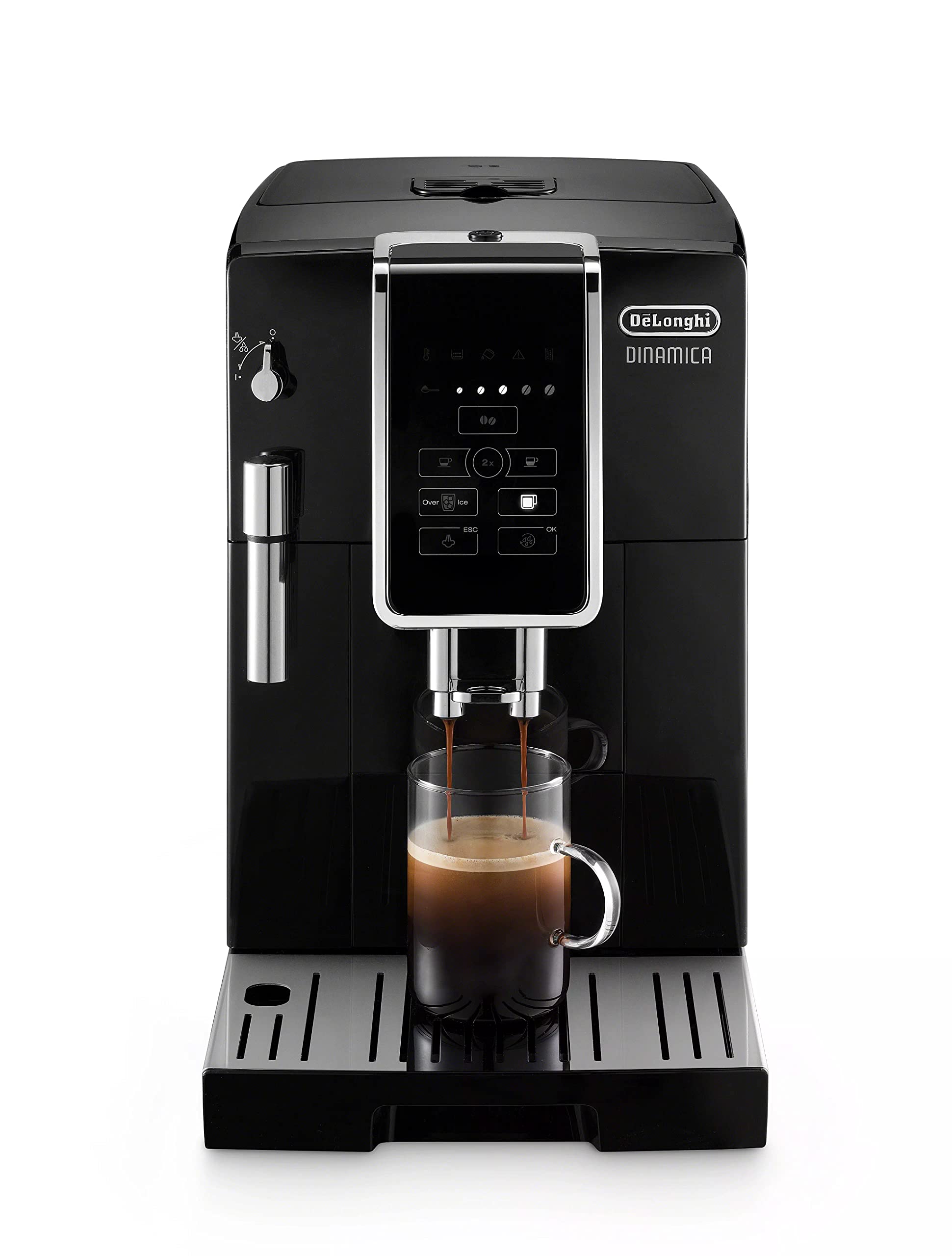 De'Longhi ECAM35020B Dinamica Automatic Coffee & Espresso Machine TrueBrew (Iced-Coffee), Black & DeLonghi Double Walled Thermo Espresso Glasses, Set of 2, Regular, Clear