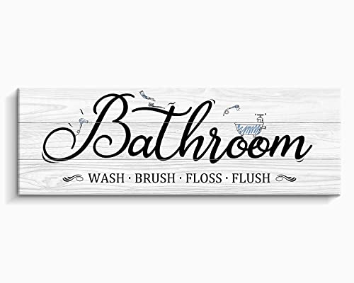Kas Home Bathroom Sign Rustic Canvas Wall Art Funny Motto Prints Farmhouse Bathroom Decor Pictures with Solid Wood Frame for Home Toilet Hotel Bar (White - bathroom, 5.5 x 16.5 inch)