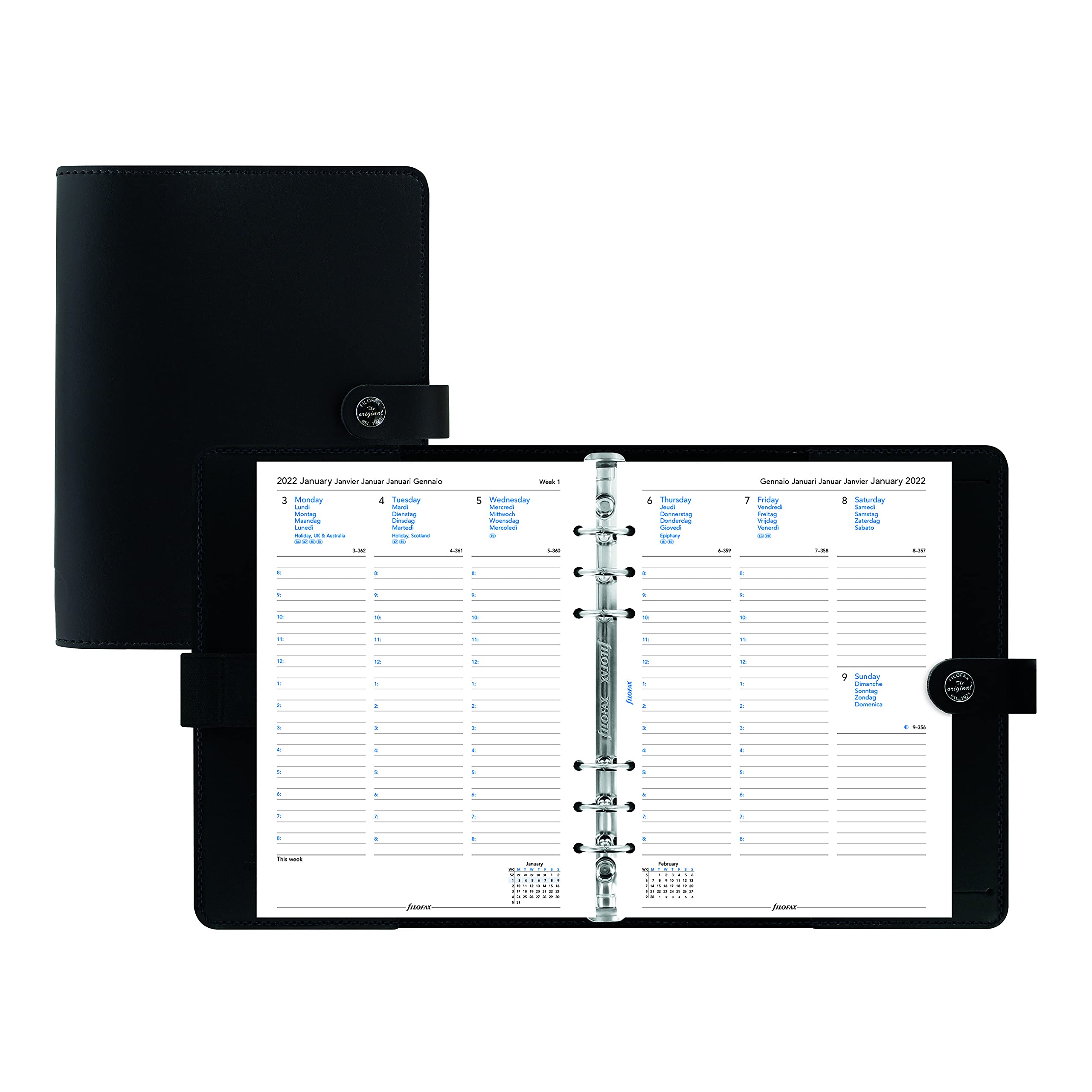 Filofax The Original Organizer, A5 Size, Black - Leather, Six Rings, Week-to-View Calendar Diary, Multilingual, 2022 (C022509-22), 5.75 inches X 8.25 inches