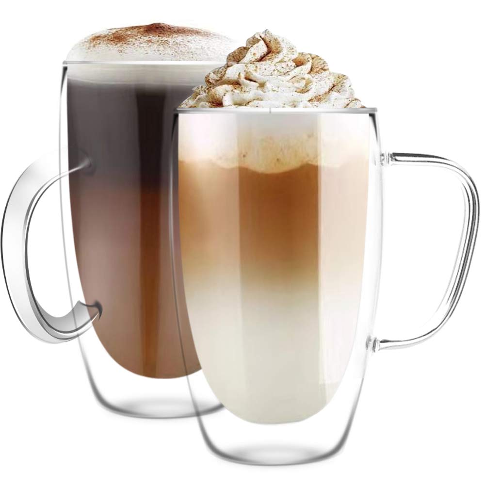 D.M DESIGN·MASTER [2 PACK,15 OZ -Premium Double Wall Insulated Glass with Handle Coffee or Tea Glass Mugs, Thermo Insulated Glass, Perfect for Latte, Cappuccino, Americano and Tea.