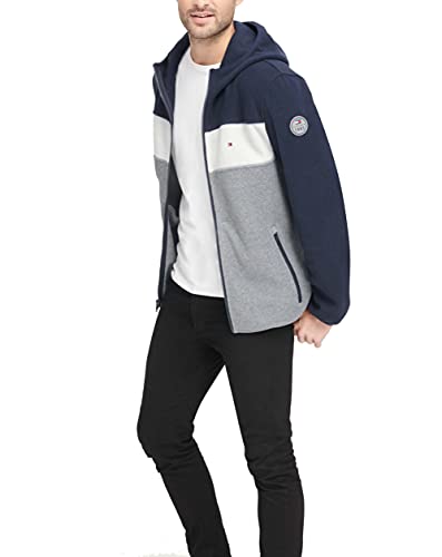 Tommy Hilfiger Men's Hooded Polar Fleece Jacket, Navy/White/Light Grey, Large