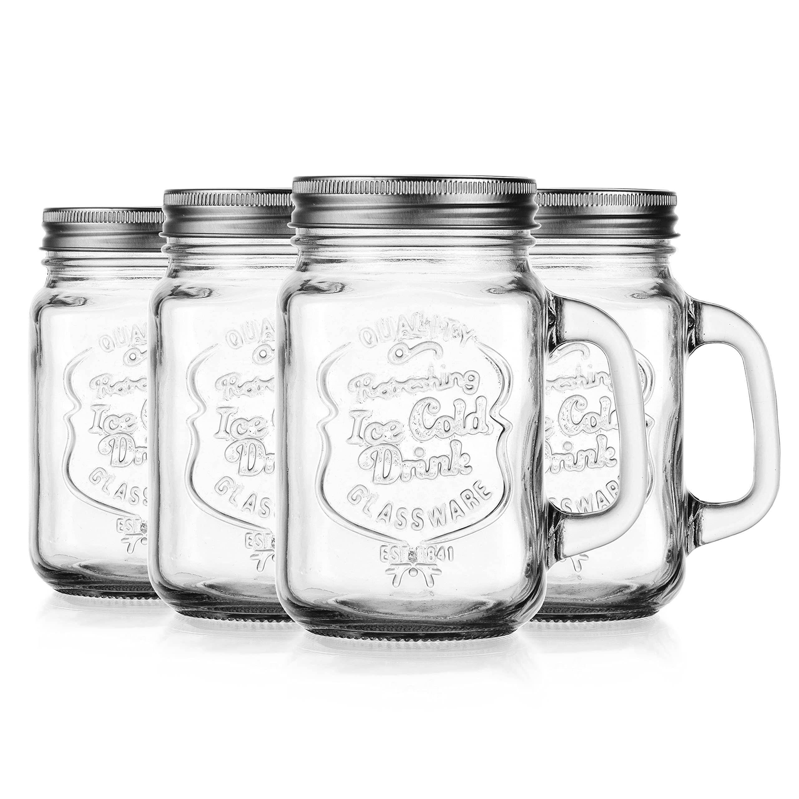 Glaver's Mason Drinking Jars β Set of 4, 16 Oz Clear Glass Jar with Handle and Lid. β Ice-Cold Drink Glassware Logo β Glass Mugs Ideal for Cold Beverages, Juice, Smoothie, Cocktails.