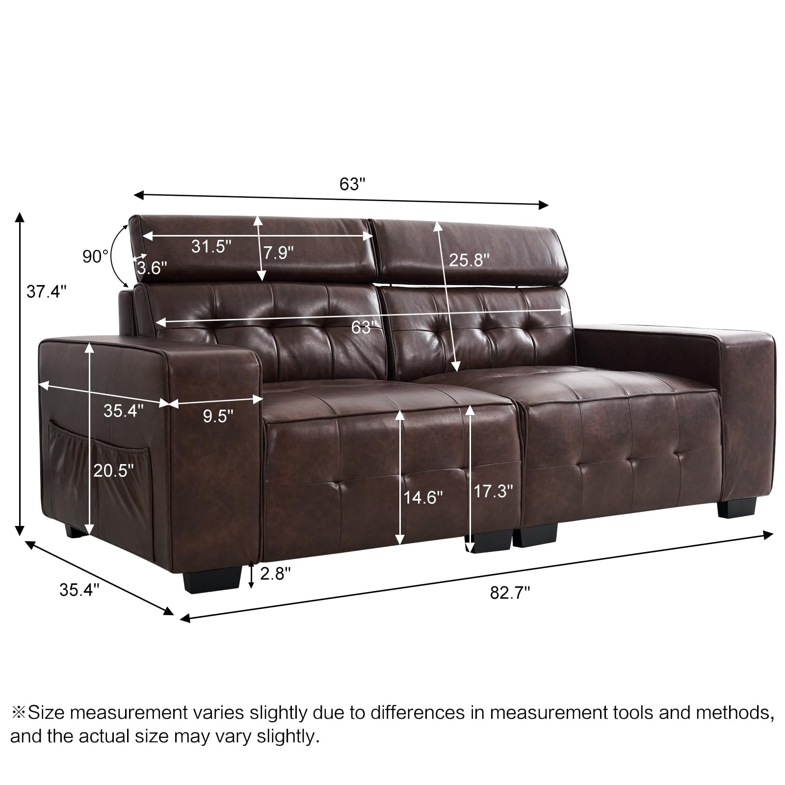 KeyEnergy 82" Faux Leather Sofa Couch, Adjustable Headrests, 25D Memory Foam Cushions,Modern 2 Seat Sofas,loveseat,Three Seater Sofa,Suitable for Living Room, Apartment, Office, Brown Couch
