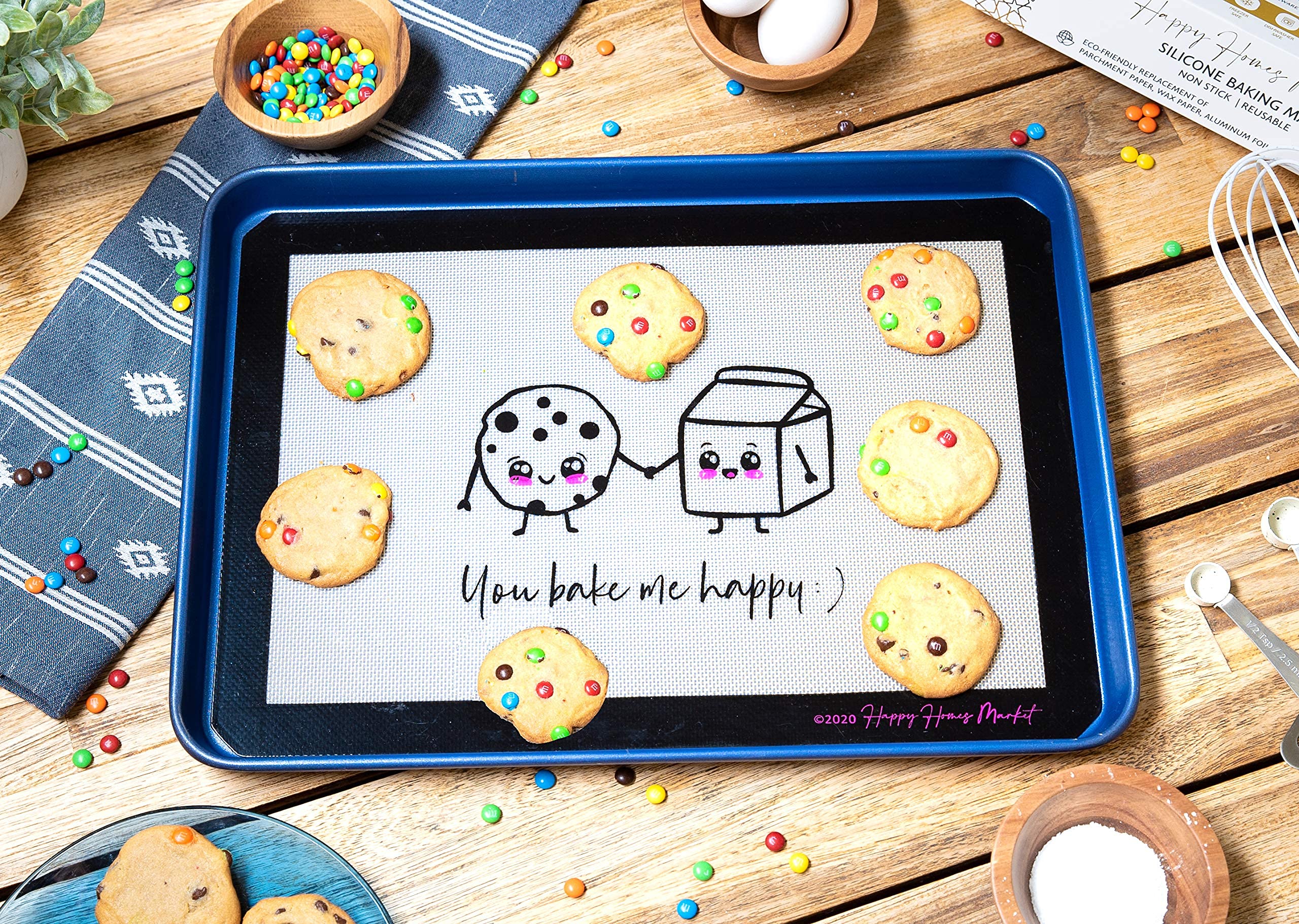 Happy Homes Market, Silicone Baking Mat, Non-Stick, Professional Grade Quality Baking Mat, Food Safe, BPA Free, Reusable, Eco-Friendly, Luxury Baking Sheet Liner- Set of 3 Standard Half Sheet Sizes