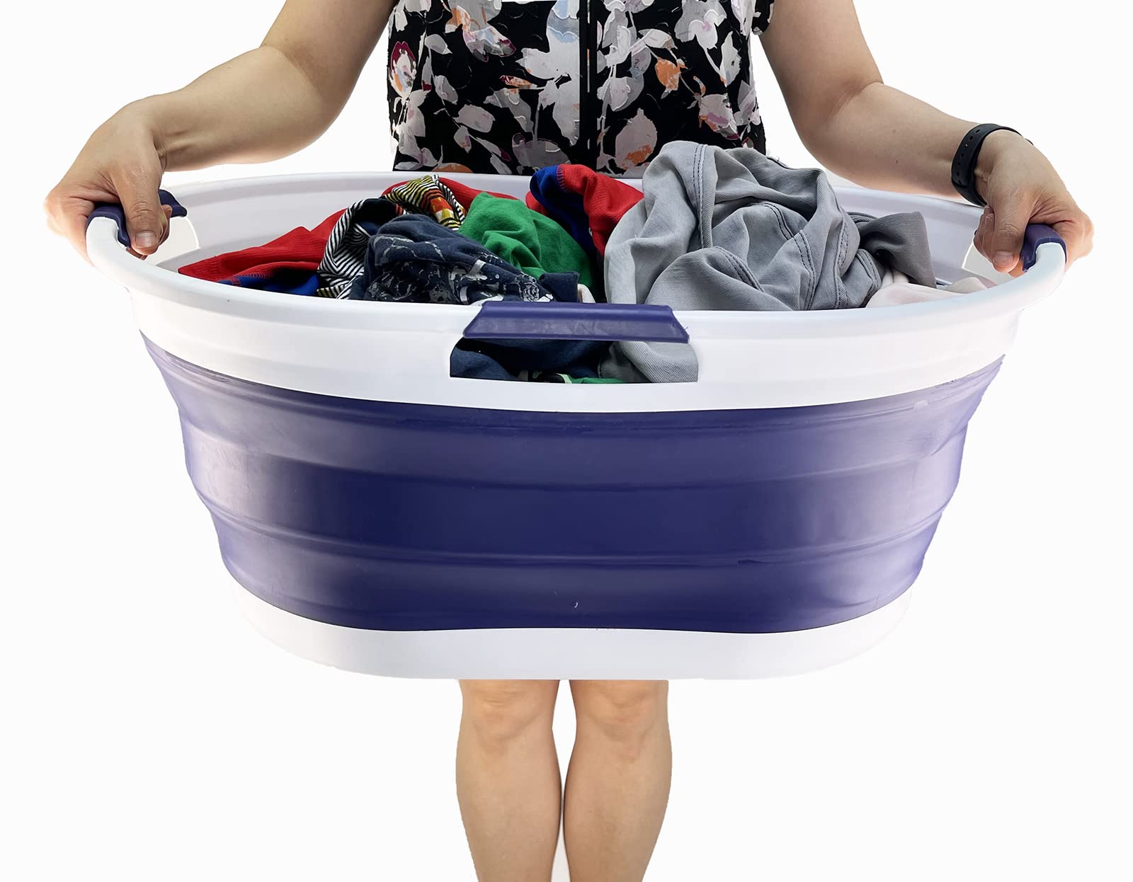SAMMART Set of 2 Collapsible 3 Handled Plastic Laundry Basket-Oval Tub/Basket-Foldable Storage Container/Organizer-Portable Washing Tub-Space Saving Laundry Hamper (44L Oval-White/Navy Blue)