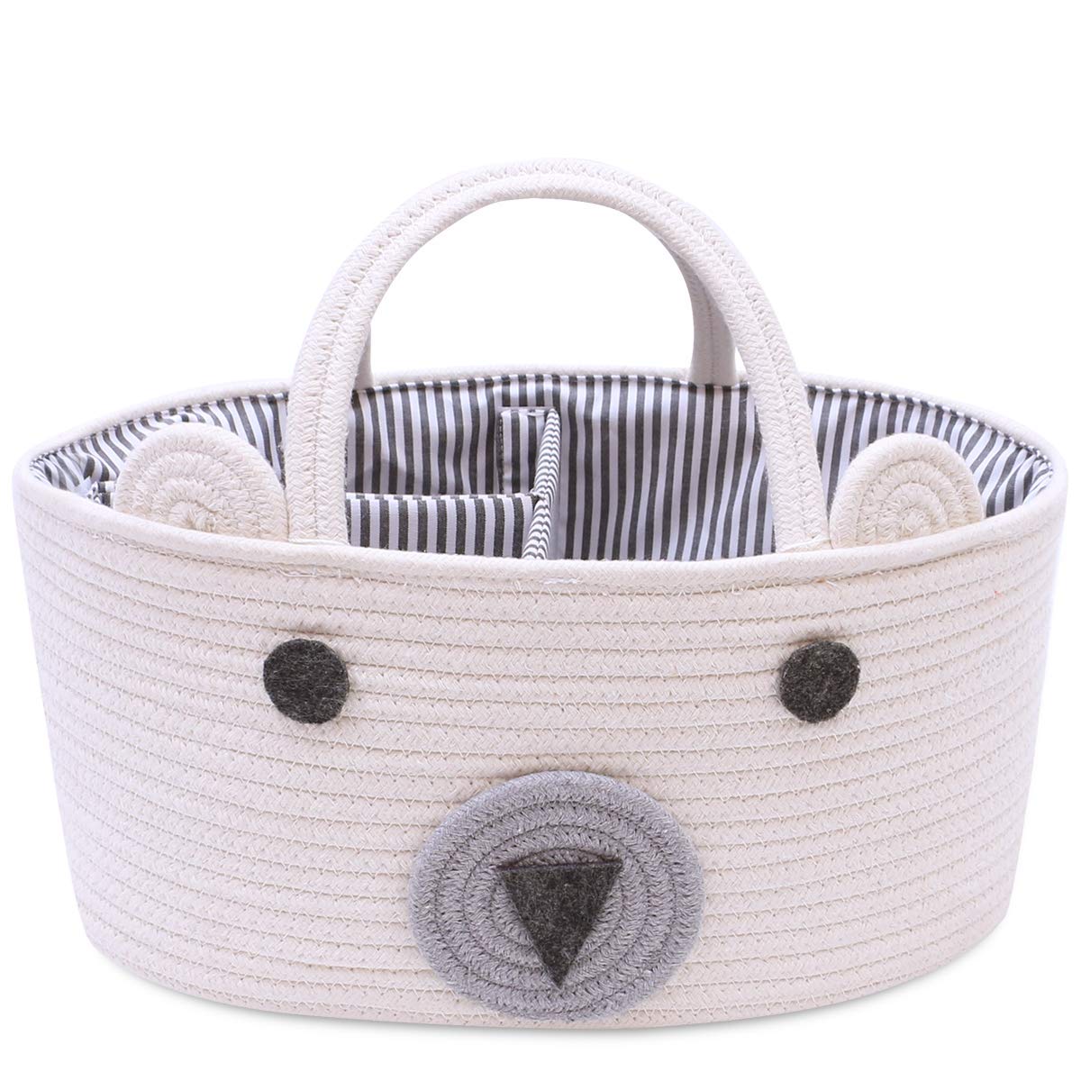 Conthfut Baby Diaper Caddy Organizer 100% Cotton Canvas Stylish Rope Nursery Storage Bin Portable Tote Bag & Car Organizer For Changing Table- Top Baby Shower Basket (White)