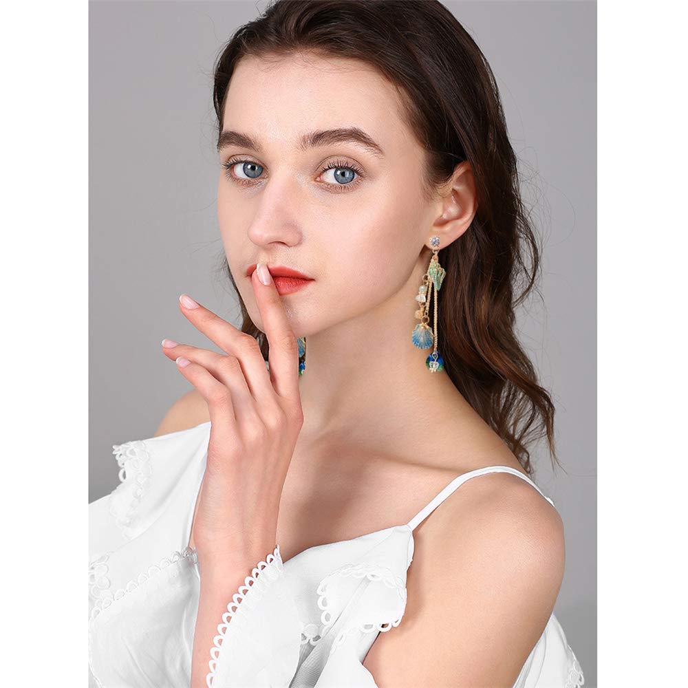 DAMLENG Sparkly Bohemia Long Tassel Blue Ocean Shell Dangle Earrings Shine Rhinestone Scallop Beach Earrings for Women Charm Statement Colorful Crystal Jewelry (Blue)
