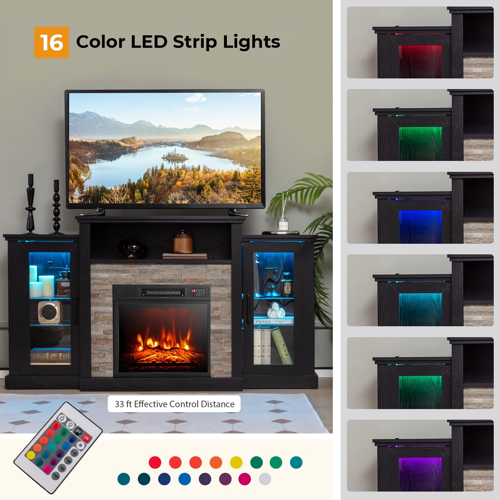 GOFLAME Fireplace TV Stand with LED Lights for TV up to 65β, Entertainment Center with 18β Electric Fireplace, Remote & APP Control, TV Console with Adjustable Glass Shelves (Black)