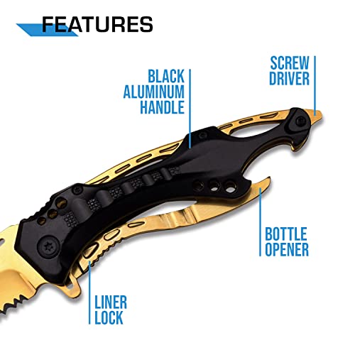 MTech USA β Spring Assisted Folding Knife β Partially Serrated Gold TiNite Coated Stainless Steel Blade, Black Aluminum Handle, Pocket Clip, Tactical, EDC, Self Defense- MT-A705BG