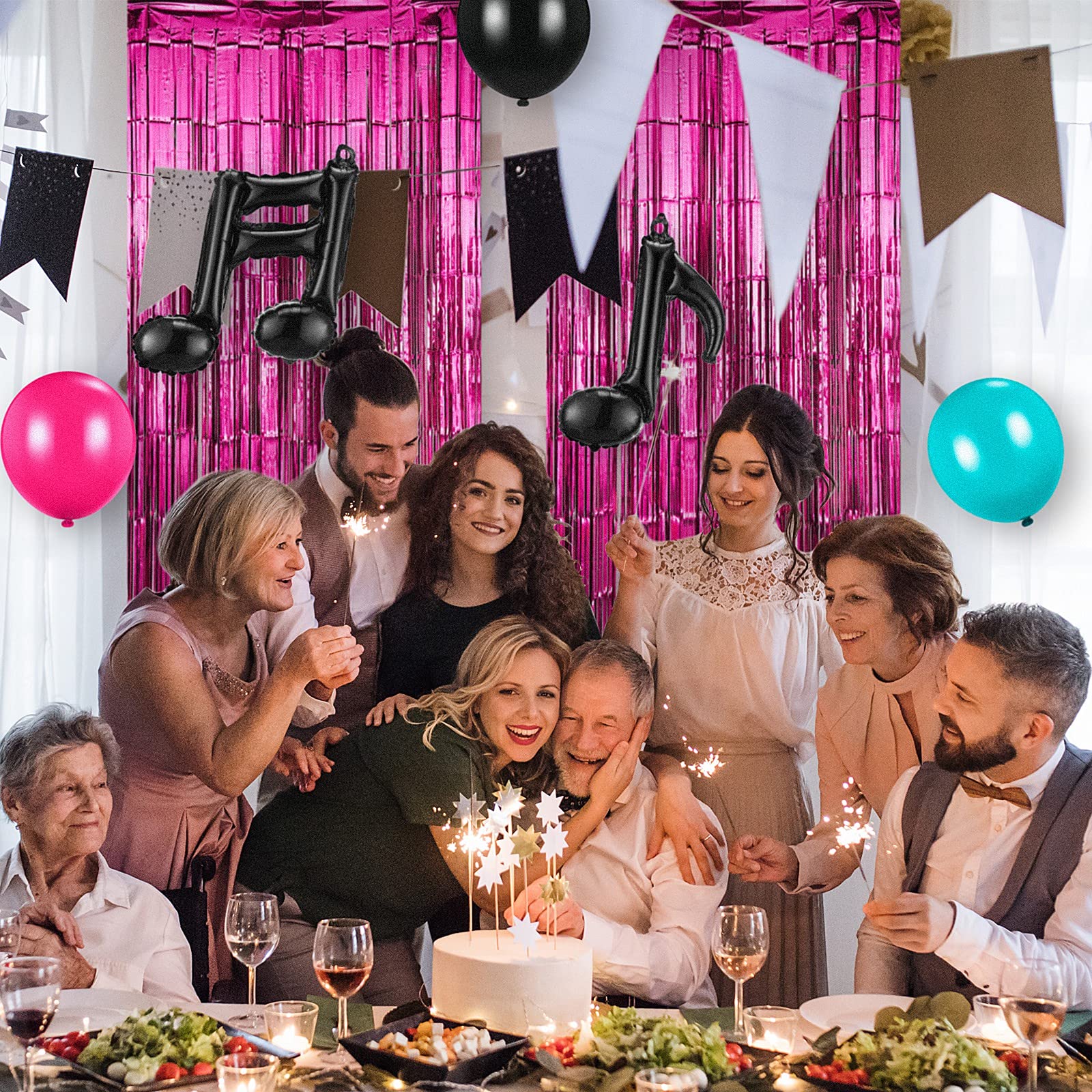 Skylety Music Birthday Party Decorations Includes Karaoke Rose Red Blue Black Tinsel Curtains Music Balloons Music Note Balloons for Music Theme Party Photo Backdrop