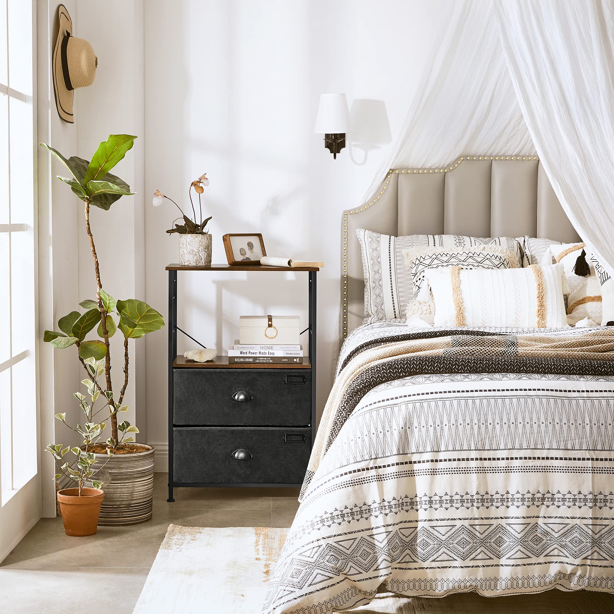 SONGMICS Nightstand, Industrial Bedside Table with 2 Fabric Drawers, Storage Shelves, Vertical Dresser Storage Tower with Wooden Top, Metal Frame, Labels, Rustic Brown and Black ULVT03H