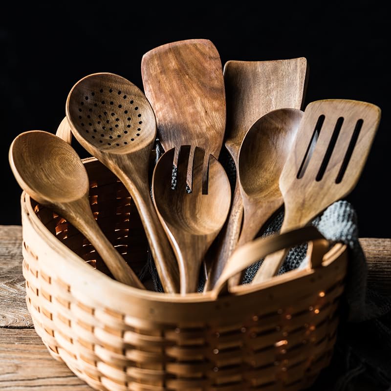 Deluxe Wooden Cooking Utensils Set of 9 - Complete Kitchen Utensils for Cooking with Storage Box & Spoon Holder - Durable and Nonstick Natural Wood Cookware-Wood Cooking Tools (Silver)