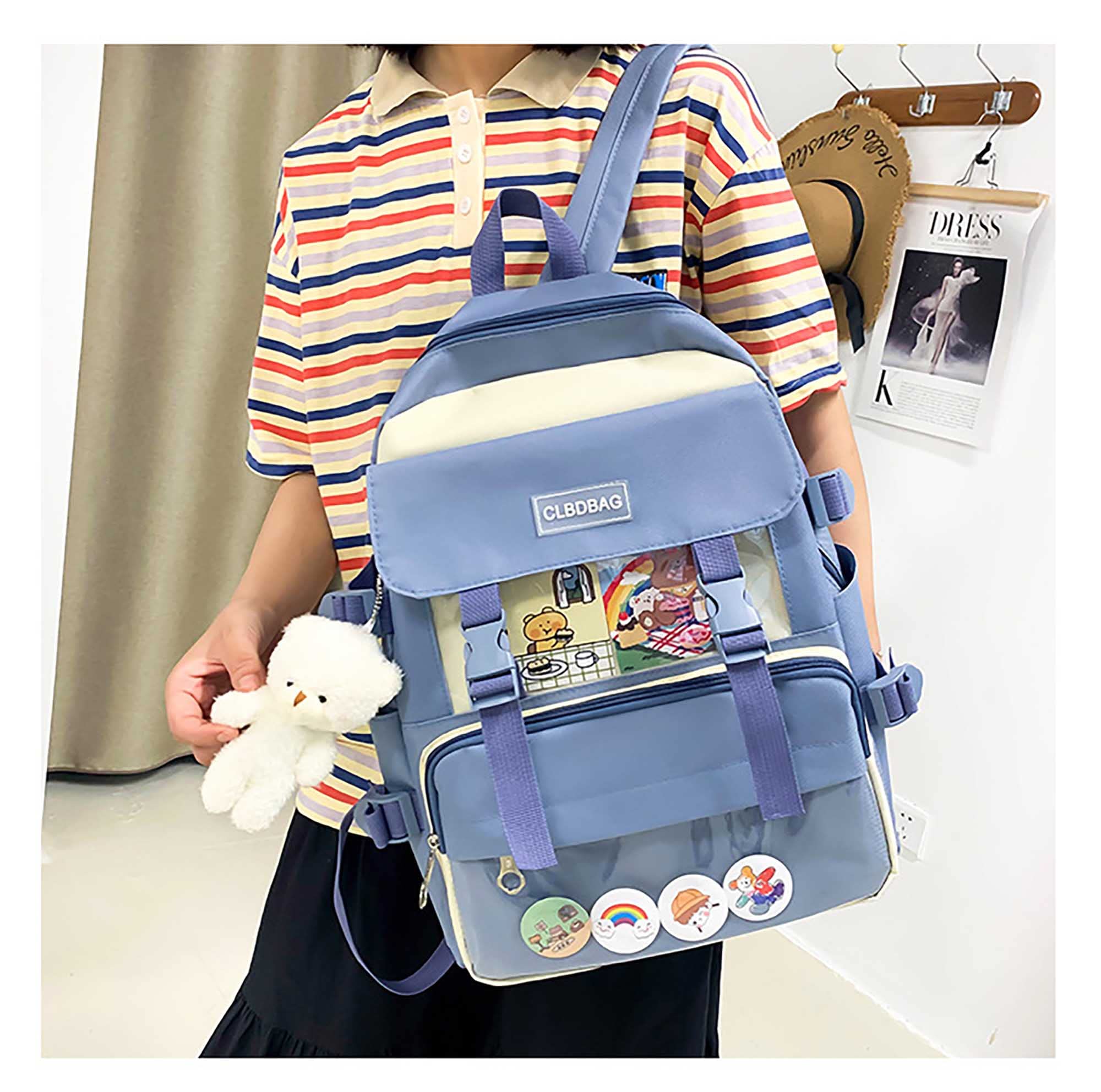 Cute Kawaii Backpack 4Pcs Canvas Backpack Give away bear pendant Pencil Pouch Shoulder Bag Lunch Bag for Girls Boys (Red)