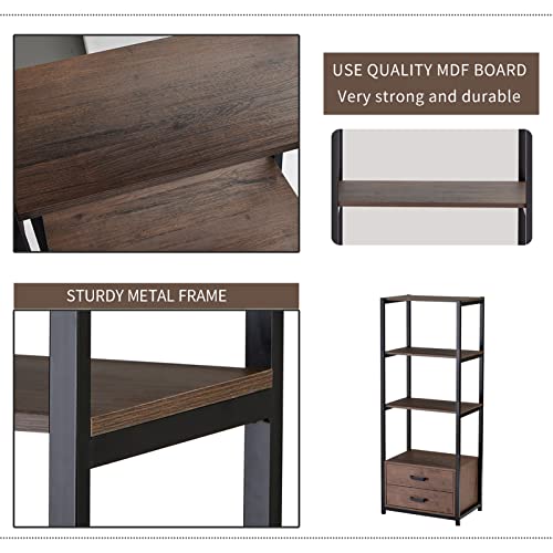 Industrial Wood Bookcase with Two Drawers, Book Storage Rack with Open Display Shelves 4-Tier Open Etagere Bookcase with Adjustable Foot Pads for Living Room, Bedroom, Office, Brown