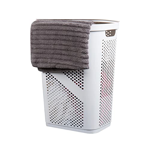 Mind Reader Basket Collection, Slim Laundry Hamper, 60 Liter (15kg/33lbs) Capacity, Cut Out Handles, Attached Hinged Lid, Ventilated, 13.75"L x 17.25"W x 23.5"H, White