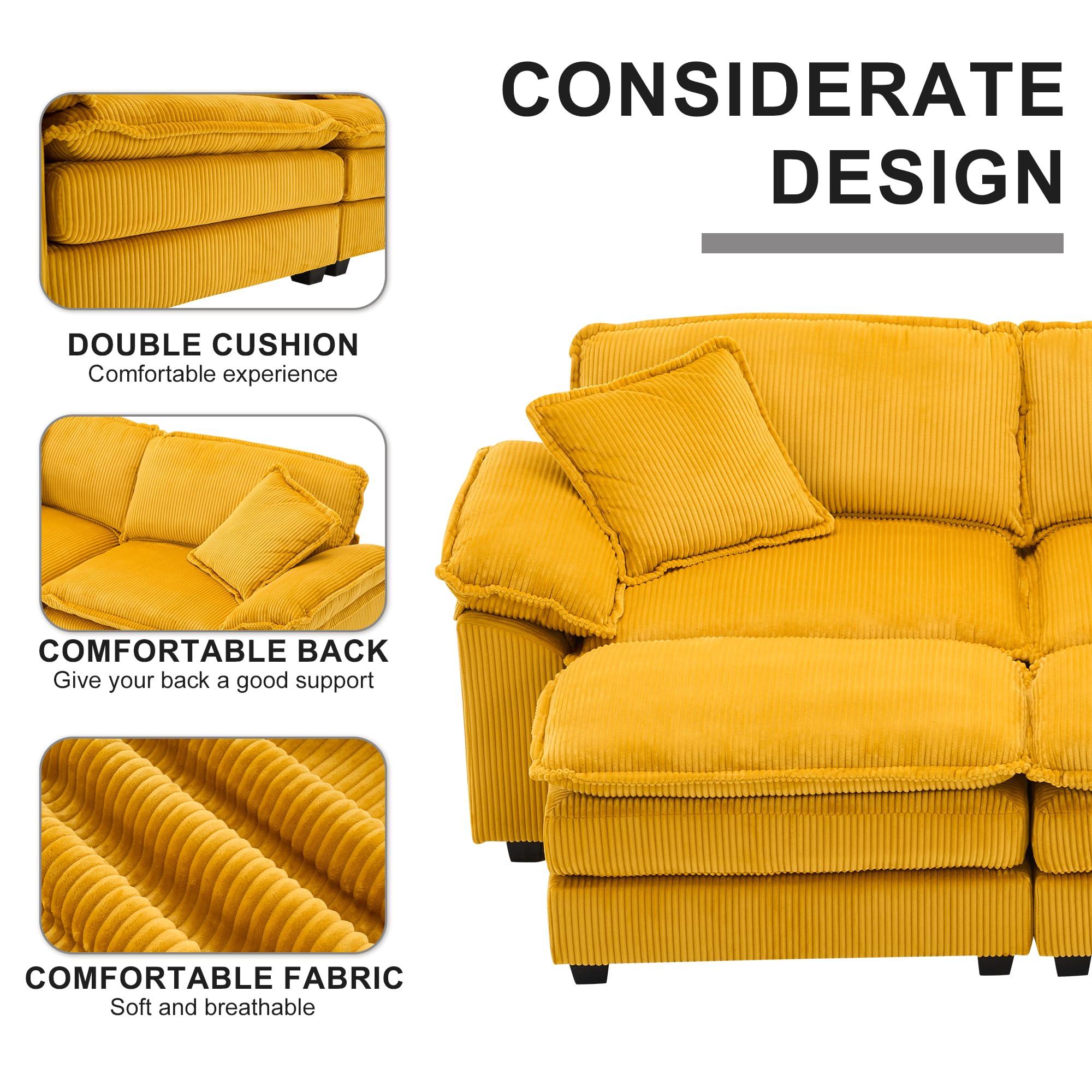 ONEMMLION 84.6" Modular Sectional Sofa Oversized Loveseat, Modern Upholstered Cloud Couch with 2 Ottoman, Comfy Corduroy Deep Seat Sleeper Sofa for Living Room, Small Space, Yellow