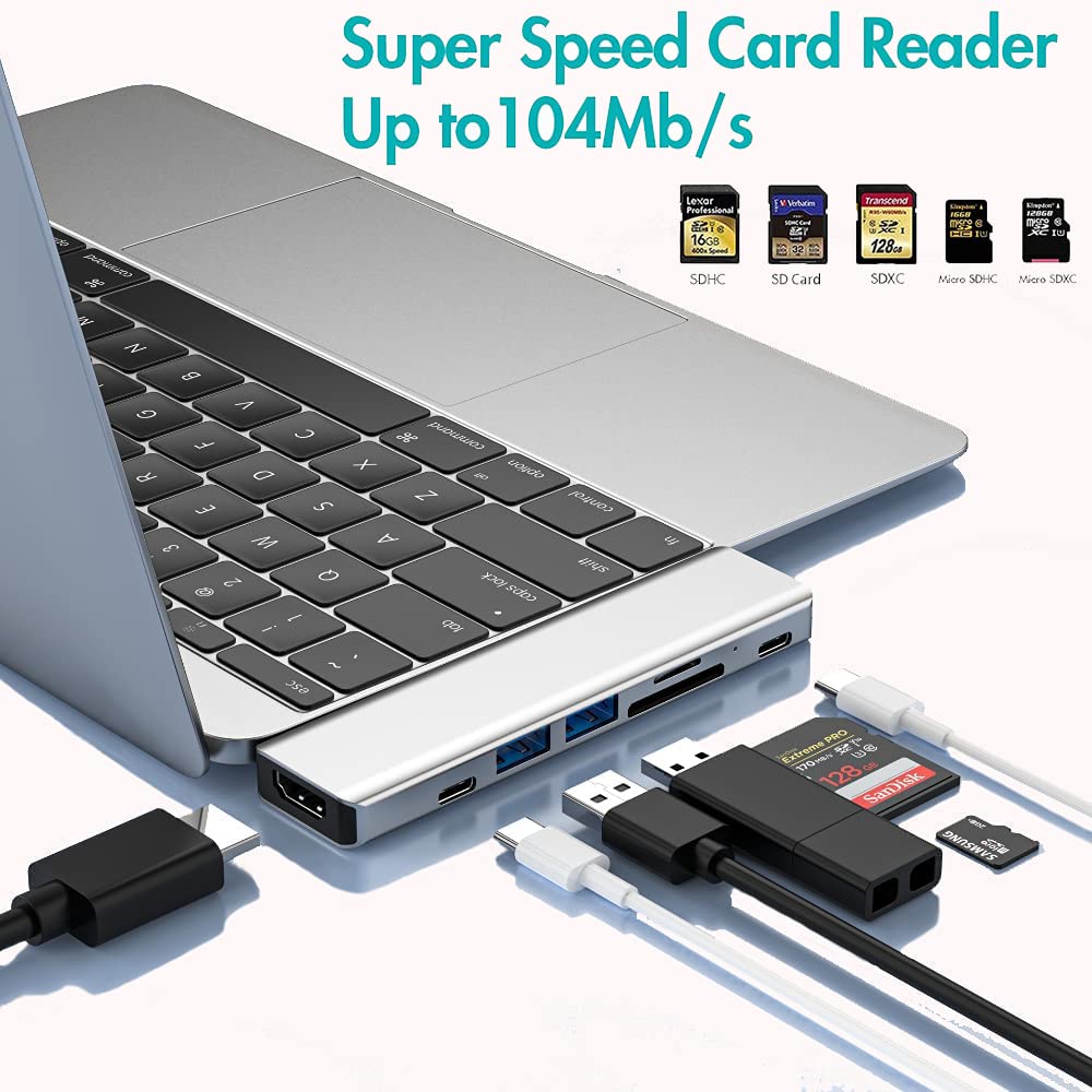 SLAUNT USB C Hub for MacBook Pro 7-in-2 USB C Adapter MacBook Multiport Dongle with 4KHDMI, USB 3.0&2.0, TF/SD Card Reader, USB-C and Thunderbolt 3 Compatible with MacBook Pro Air 2020 2019 2018