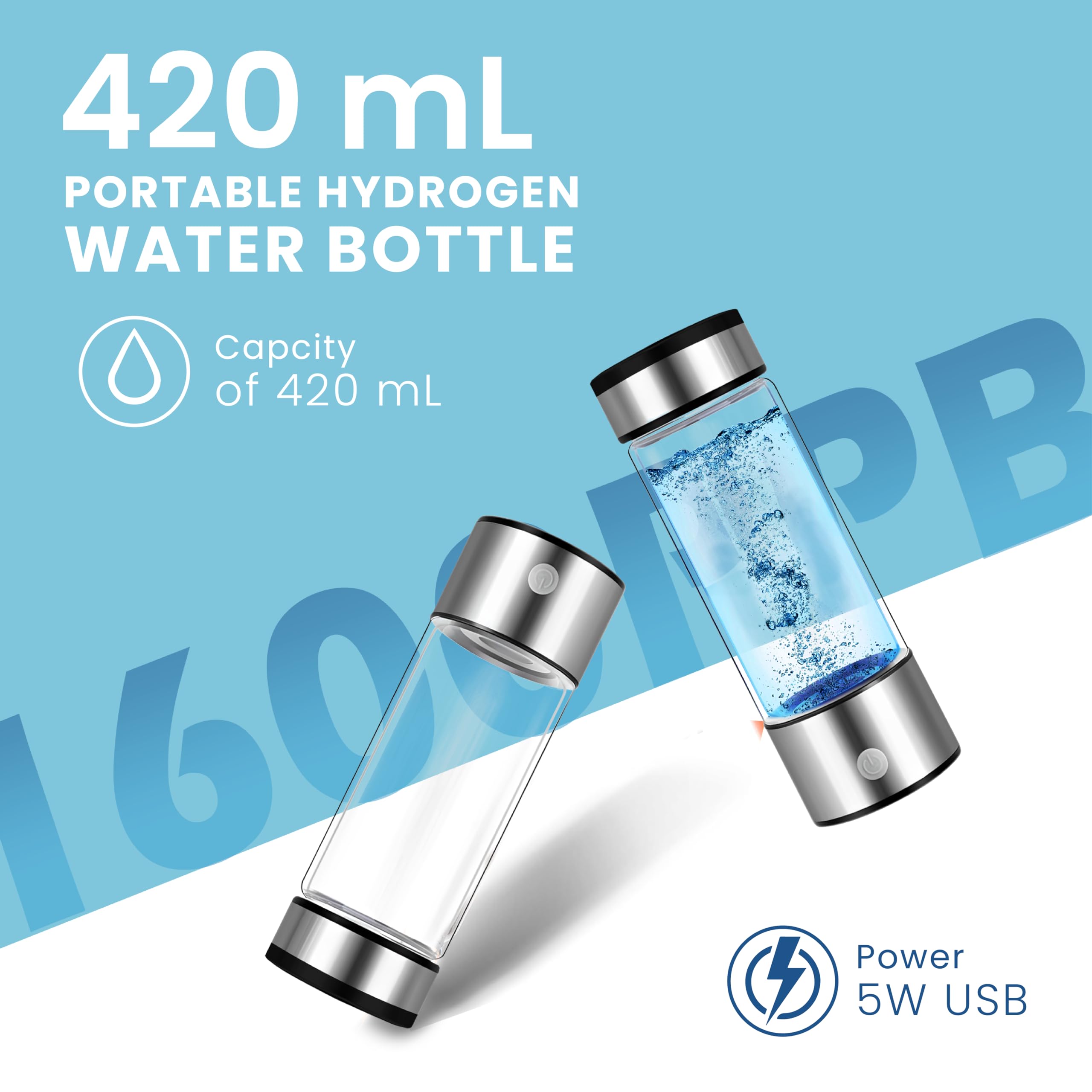 Hydrogen Water Bottle, Hydrogen Water Generator Bottle - Hydrohealth Hydrogen Water Ionizer Machine for Home, Gym, Travel, Office, 450ml