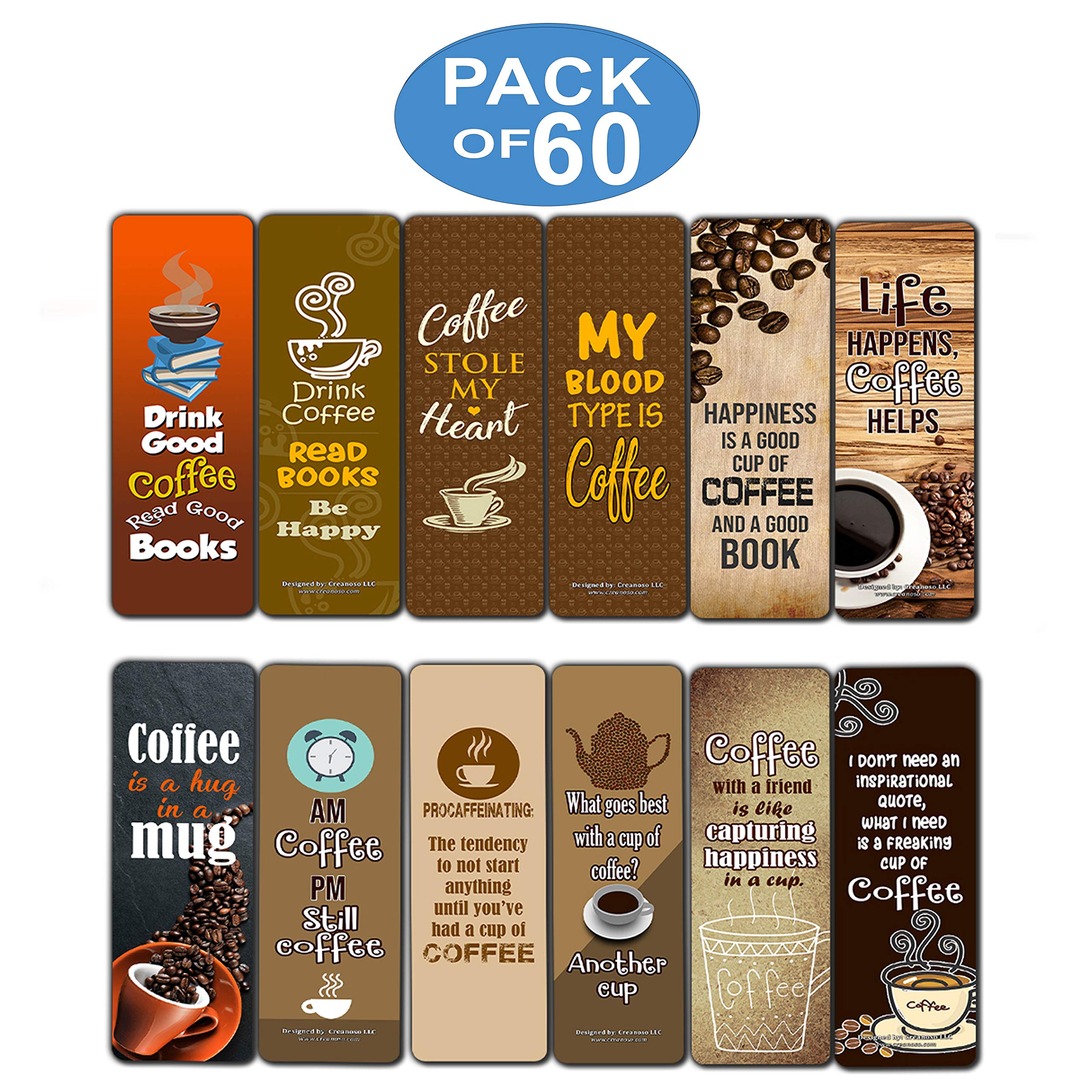 Creanoso Awesome Bookmark Coffee Lover Series I (60-Pack) – Six Assorted Quality Bookmarks Bulk Set – Premium Gift for Coffee Lovers