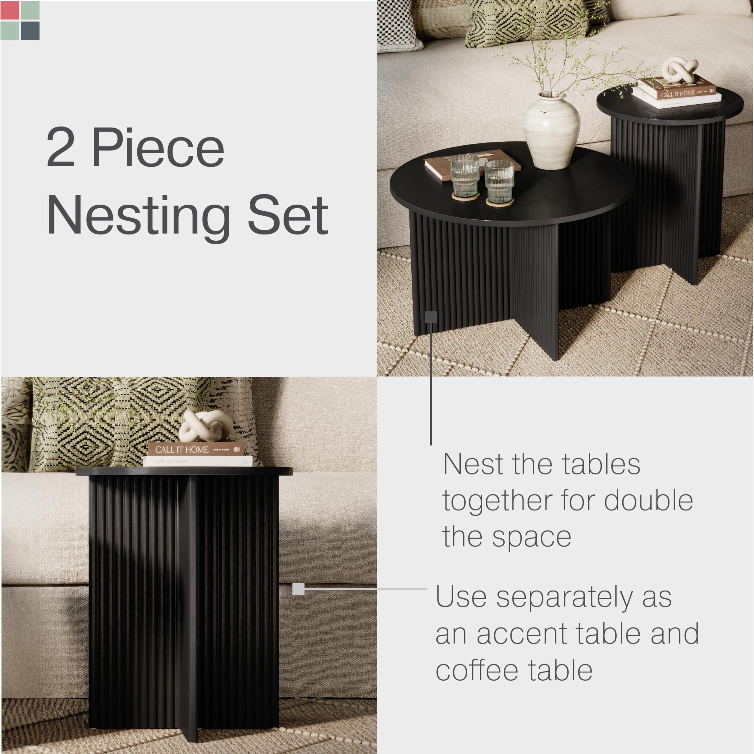 Round Fluted Nesting Coffee Table - 2 Piece Coffee Table Set - Living Room Furniture - Modern Home Decor - Solid Wood Base and Wood Grain Veneer Top (Blackened Oak)