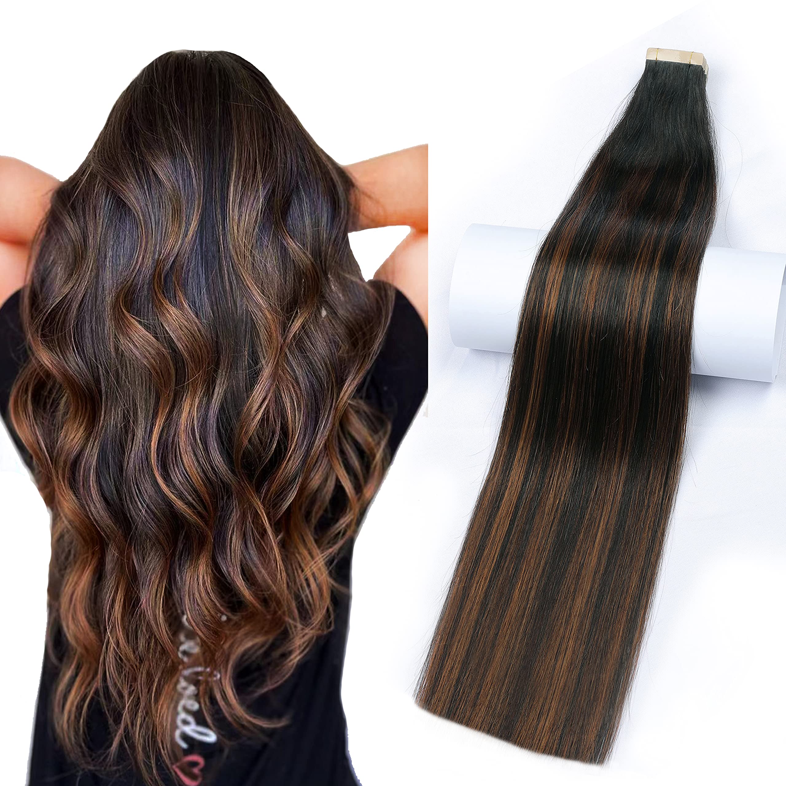 ShowJarlly Tape in Hair Extensions 20pcs 24 Inches Tape Ins Extensions Remy Human Hair Invisible Seamless Skin Weft for White Women Off Black Mixed Light Brown (1B/6/1B) 50g
