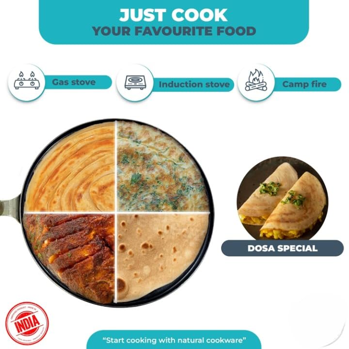 KASHVIYA Pre-Seasoned Iron Flat Dosa/Omelette/Roti/Chapati Tawa with Wooden Handle, Medium 10.5 Inch/27 Cm Gas&Induction Compatible | 100% Pure & Toxin-Free Iron, No Chemical Coating