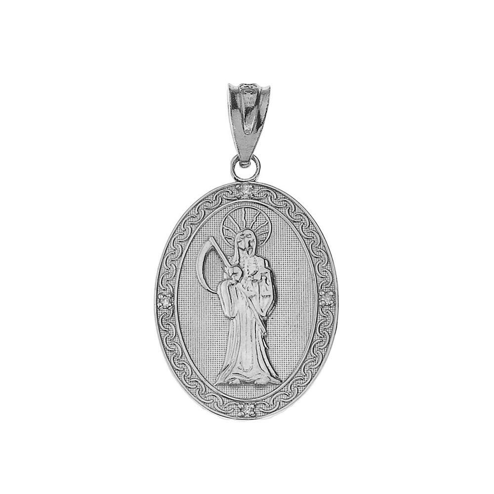 Fine 925 Sterling Silver CZ-Accented Santa Muerte (Grim Reaper) Oval Medal Pendant, 1.2"