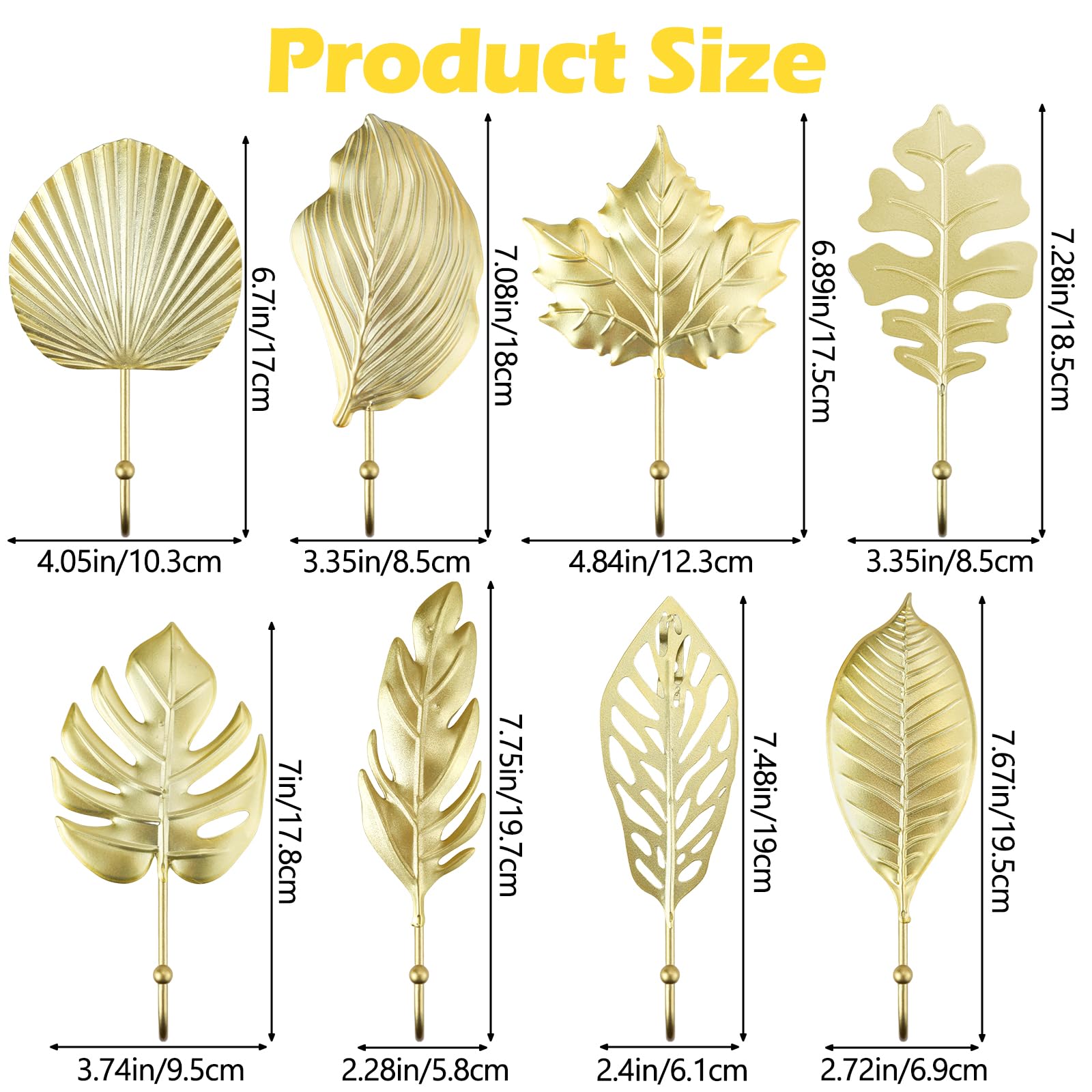 HOSTK 8pcs Decorative Wall Hooks, Gold Leaves Wall Mounted Hangers, Plant Modern Coat Hat Towel Clothing Key Holder for Home Bedroom Bathroom Kitchen Office Entryway Living Room