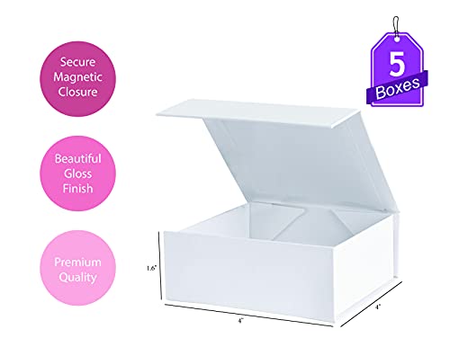 Purple Q Crafts SMALL White Hard Gift Box With Magnetic Closure Lid 4" x 4" x 1.6" Square Favor Boxes With White Glossy Finish (Inner size 3.75" x3.5" x1.5")(5 Boxes)