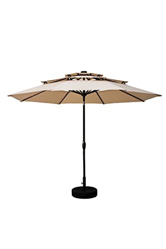 PUPZO 10FT 3 Tiers Sunbrella Patio Solar 32 LED Lighted Umbrella Outdoor with 8 Ribs (KHAKI)