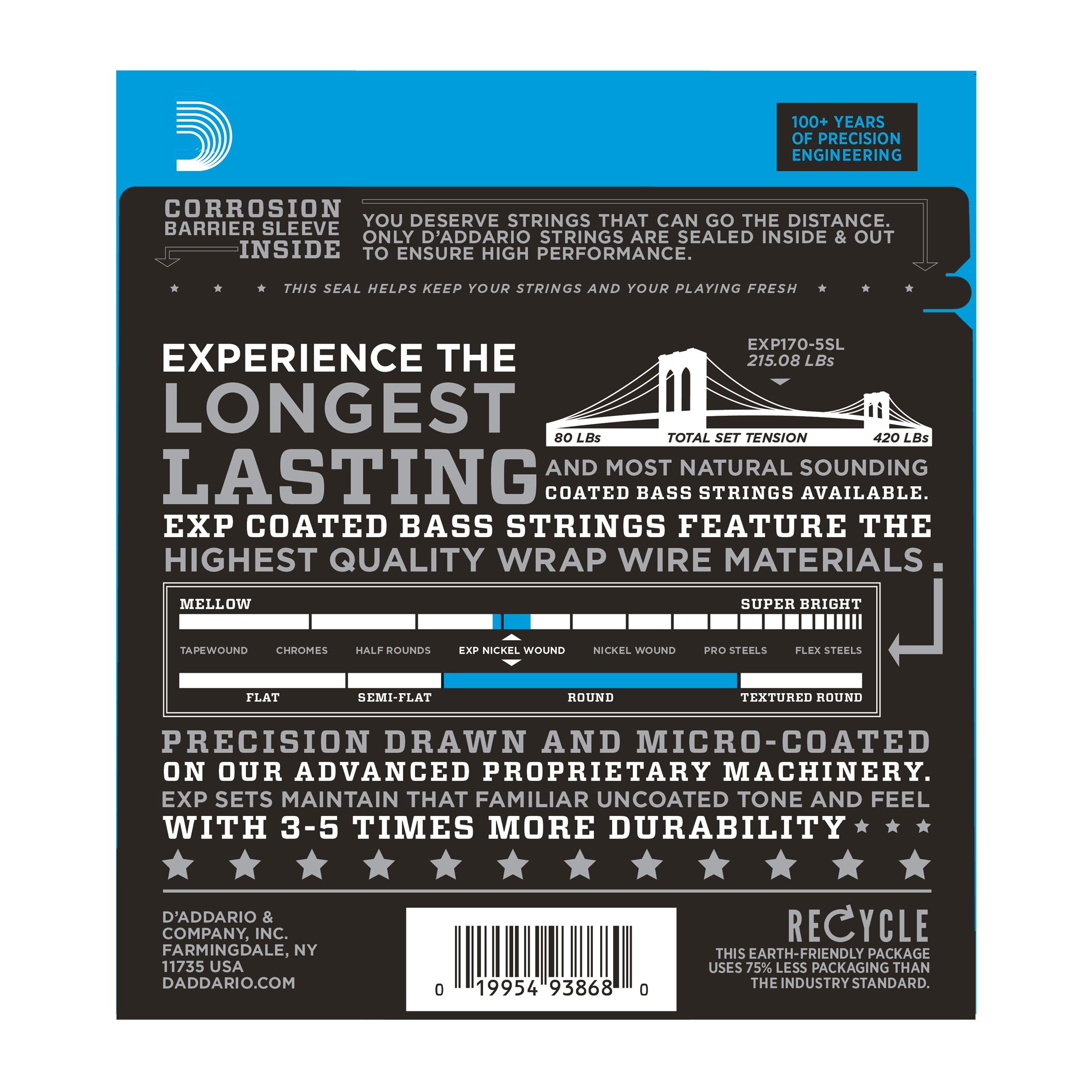D'Addario EXP170-5SL Coated 5-String Bass Guitar Strings, Light, 45-130, Super Long Scale