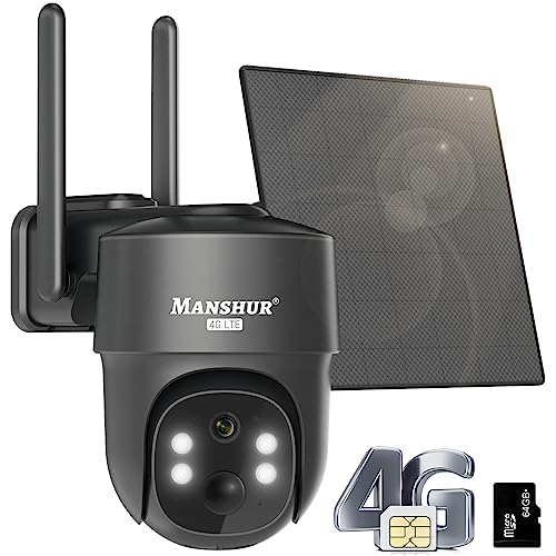 Manshur® 4G LTE Cellular Security Camera Wireless Outdoor Solar Powered, No WiFi Security Camera(Verizon AT&T T-Mobile), 2K/3MP Color Night Vision, Motion Sensor, 2 Way Talk, 64G SD&SIM Card Included