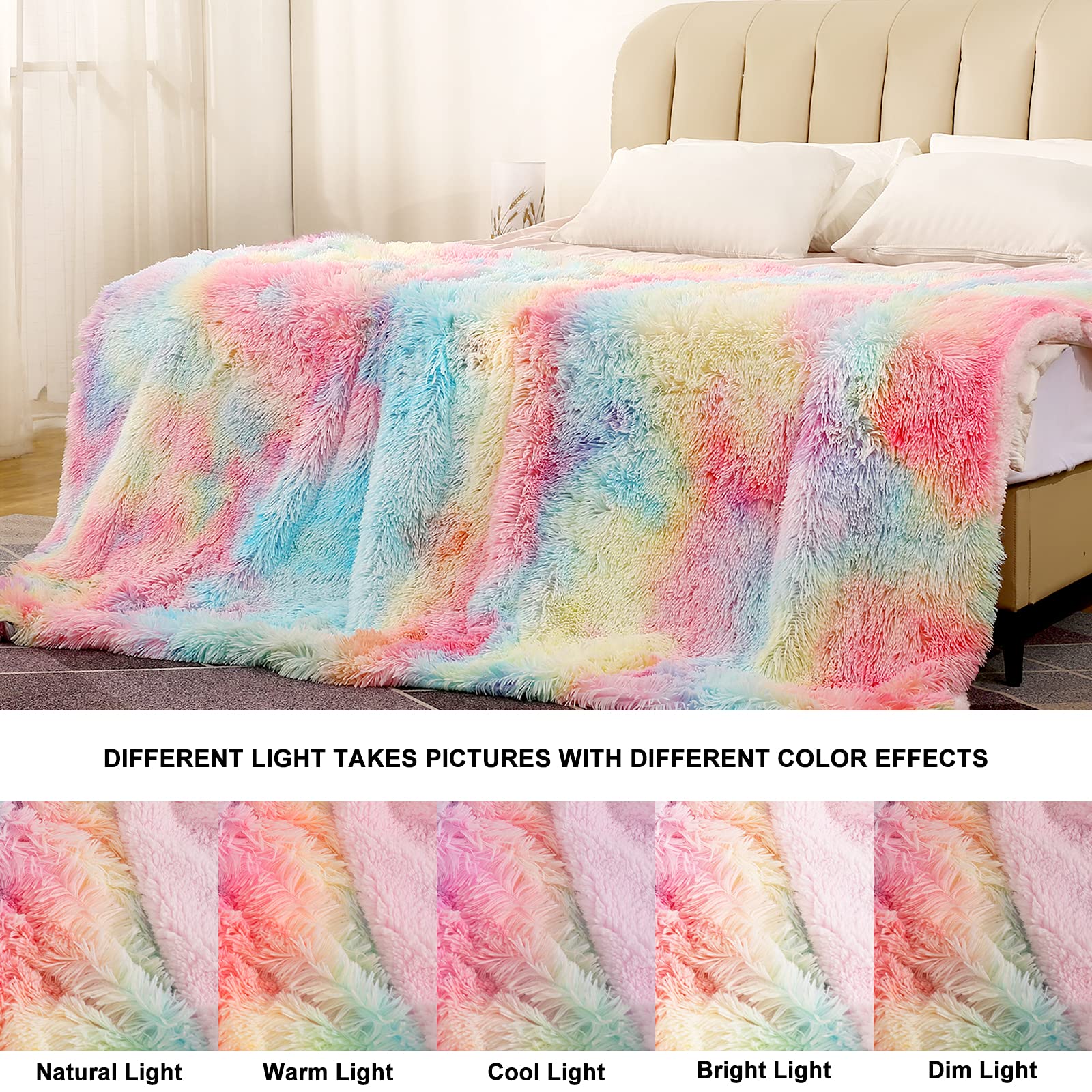 STFLY Faux Fur Throw Blanket, Decorative Luxury Tie Dye Rainbow Throw Blanket for Sofa Bed Couch, Shaggy Soft and Warm Blanket Cozy Plush Throws Queen Size for Autumn&Winter, Girls