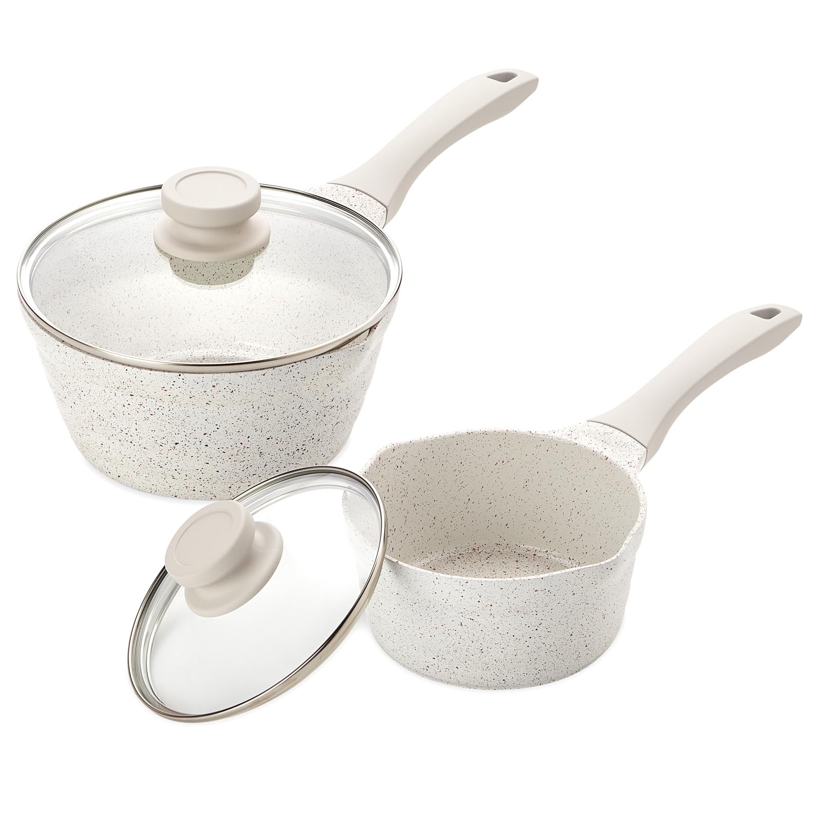 ROSSETTO 1.5QT Sauce Pan with Lid, Ceramic Non Stick Small Pot for Cooking, Saucepan with Pour Spout, Dishwasher Safe, Induction Pot with Bakelite Handle, PFOA and PFAS Free, White Granite