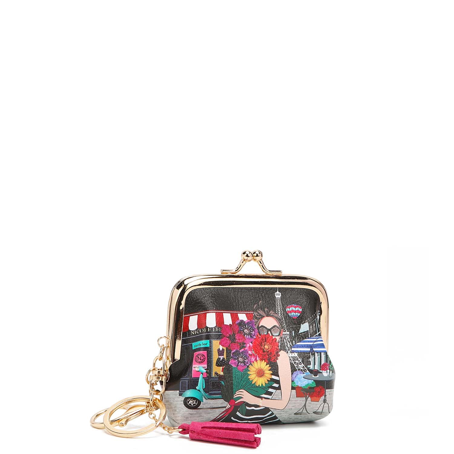 DESTINY BY NICOLE LEE Mini Leather Coin Purse Keychain Kiss Lock Closure with Tassel Charm Change Purse Mini Pouch Bag For Women