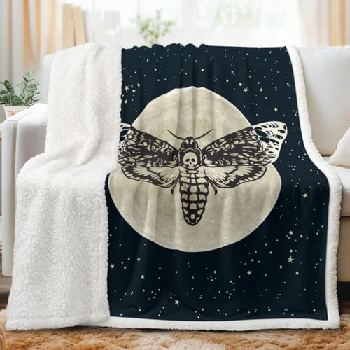 Sleepwish Death Moth Throw Blanket Hawk Moth Skull Sherpa Fleece Blanket Black Galaxy Star Print Blanket Large Size Gothic Halloween College Dorm Decor, Queen (90" X 90")