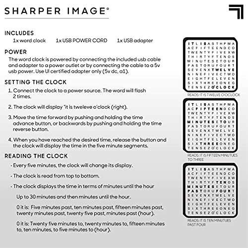 SHARPER IMAGEĀ® LED Light-Up Word Clock, 7.75" Modern Design, Electronic Accent Wall or Desk Clock, USB Cord & Power Adapter, Unique Contemporary Home & Office Decor, Easy Setup, Housewarming Gift