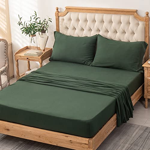 PURE ERA Jersey Knit 4pc Bed Sheet Set 100% T-Shirt Cotton Super Soft Comfy Breathable Fits Mattress Up to 20" Extra Deep Pocket (Solid Forest Green, Queen)
