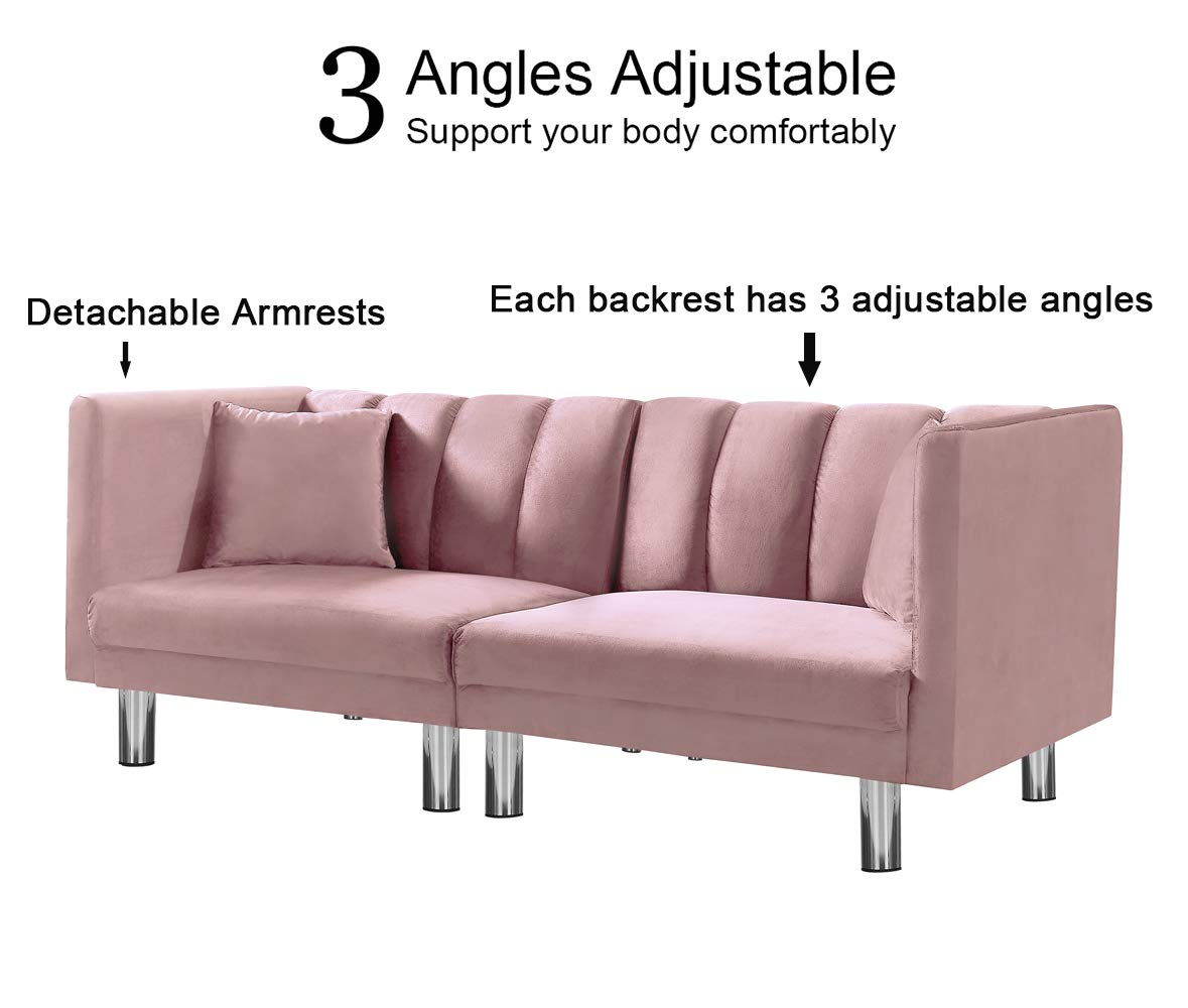 SLEERWAY Velvet Futon Sofa Bed with Two Pillows, Modern Sleeper Sofa Couch with 3 Adjustable Angles, Convertible Small Loveseat for Living Room, Pink
