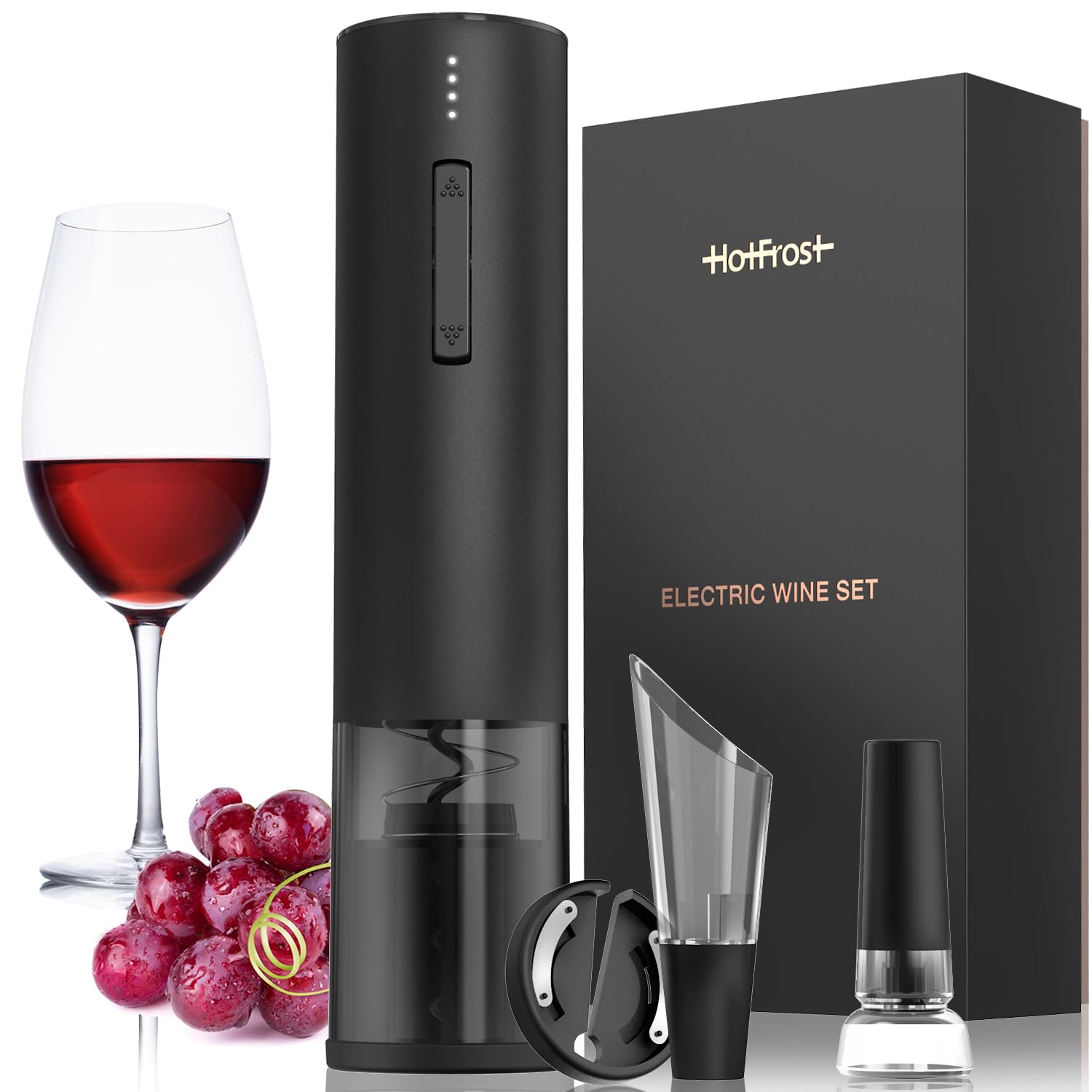 HotFrost Electric Wine Opener – Wine Bottle Opener Kit with Foil Cutter, Wine Aerator, Vacuum Stopper – Rechargeable Corkscrew Wine Opener – Cordless Automatic Wine Opener – Birthday Wine Gift Set