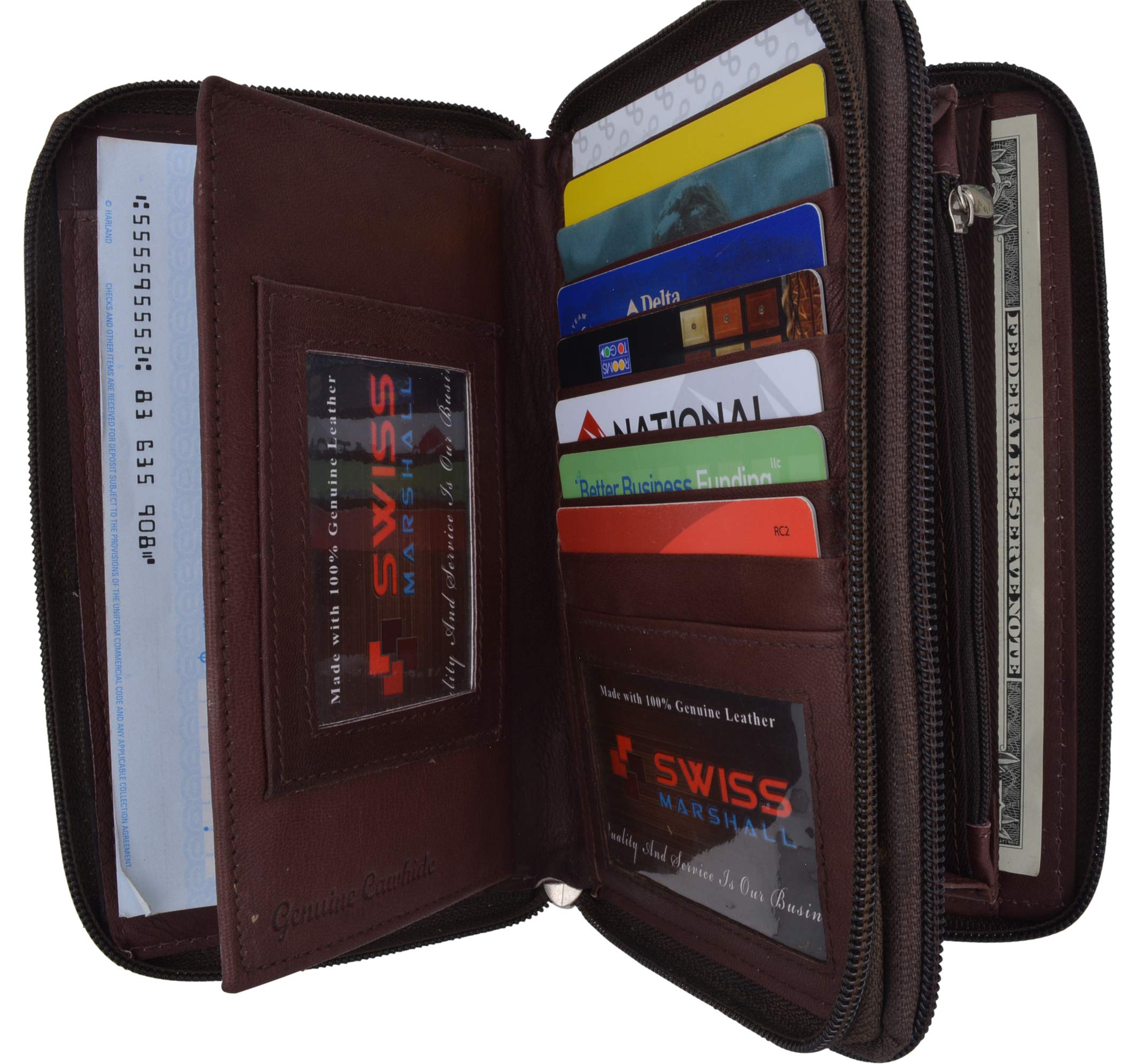 Swiss Marshall Womens Wallet Genuine Leather Double Zip Around Phone Clutch Large Travel Purse Ladies Wallet (Brown)